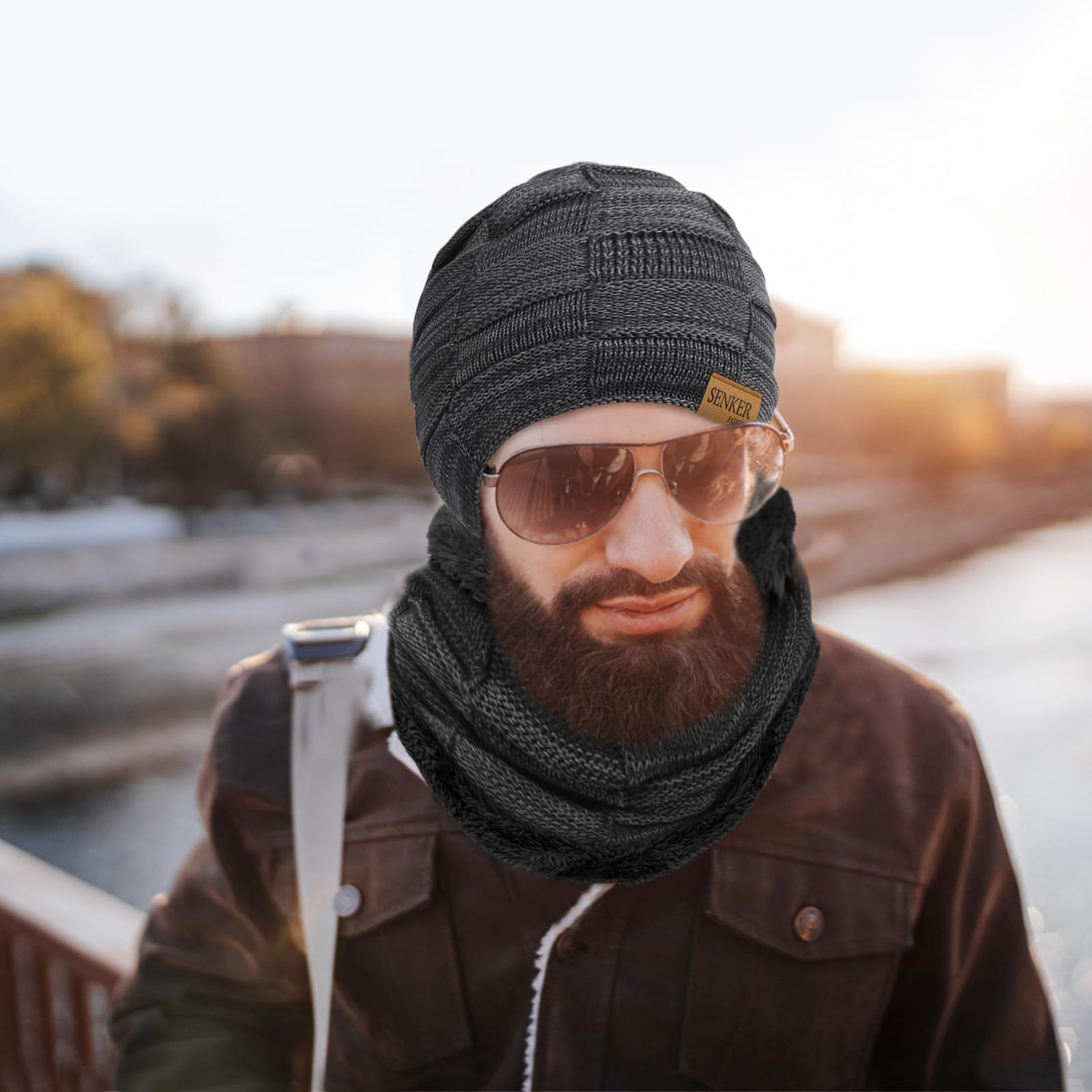 3 Pieces Winter Hat Scarf and Gloves Set for Men and Women, Knit Slouchy Beanie Cap&Neck Warmer&Screen-Touch Texting Gloves Black
