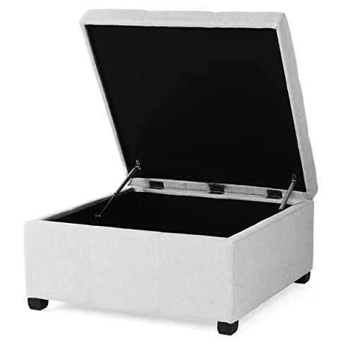Christopher Knight Home Carlsbad Fabric Storage Ottoman, Light Grey 35.00”D x 35.00”W x 18.50”H
