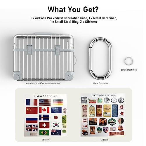 AirPods Pro 2 Case Cover, KOREDA Funny Suitcase Design Case for Airpods Pro 2nd Generation/1st Generation (2022/2019), Cute Fashion Protective Hard Case for Women Men with Keychain (Silver)
