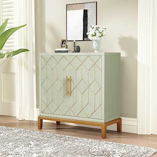 ARTPOWER Accent Cabinet with Doors, Modern Wooden Sideboard, Carved Decorative Storage Cabinets for Bedroom, Living Room, Kitchen, Office, and Hallway, Green with Gold Legs