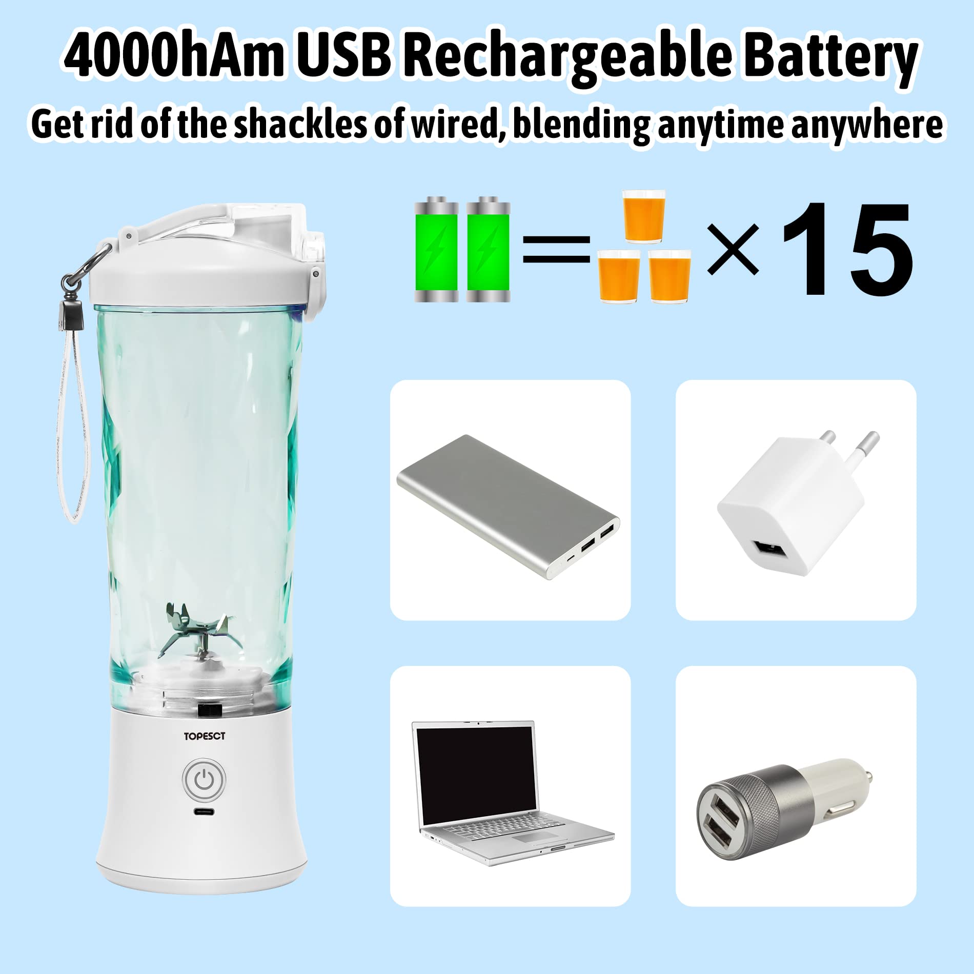 20 Oz Portable Blender for Shakes and Smoothies, TOPESCT Personal Size Blender USB Rechargeable, Strong Cutting Power with 6 Ultra-sharp Blades for Travel, Office & Sports (White)
