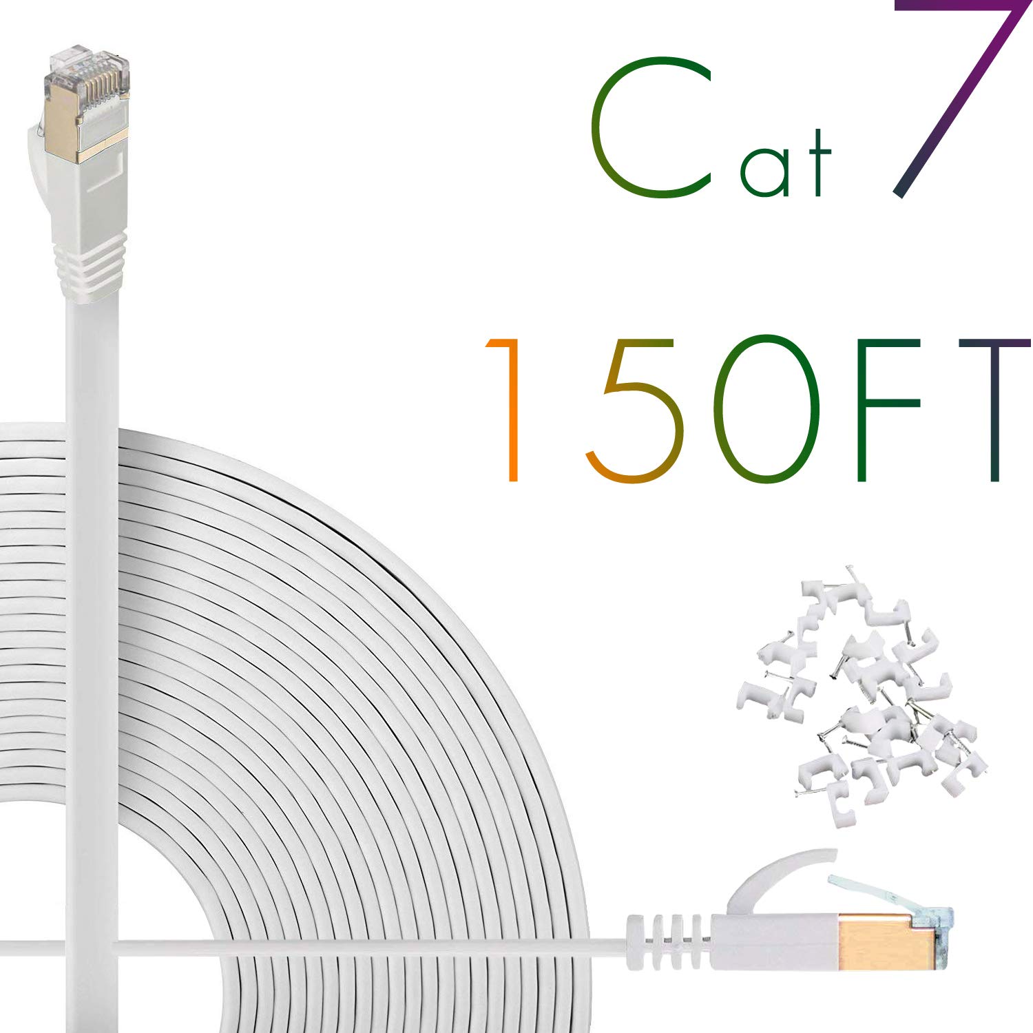 Cat7 Ethernet Cable 150ft Flat High Speed Shielded (STP) Solid Computer Network Cord with Snagless Rj45 Connectors Slim Durable Internet LAN Wire for Modem,Router.Faster Than Cat5e/Cat5/cat6(White) …