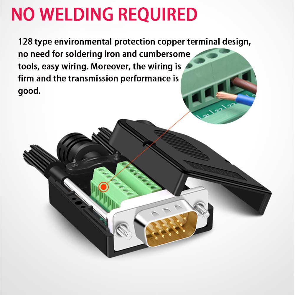 ANMBEST 2PCS Male VGA Solderless Quick Connector 16mm Thinner 3+9 DB15 3Row Serial Plug to 15-pin Port Terminal Male Adapter Breakout Board Compatible with VGA 3+7/3+6/3+6/3+4/3+2