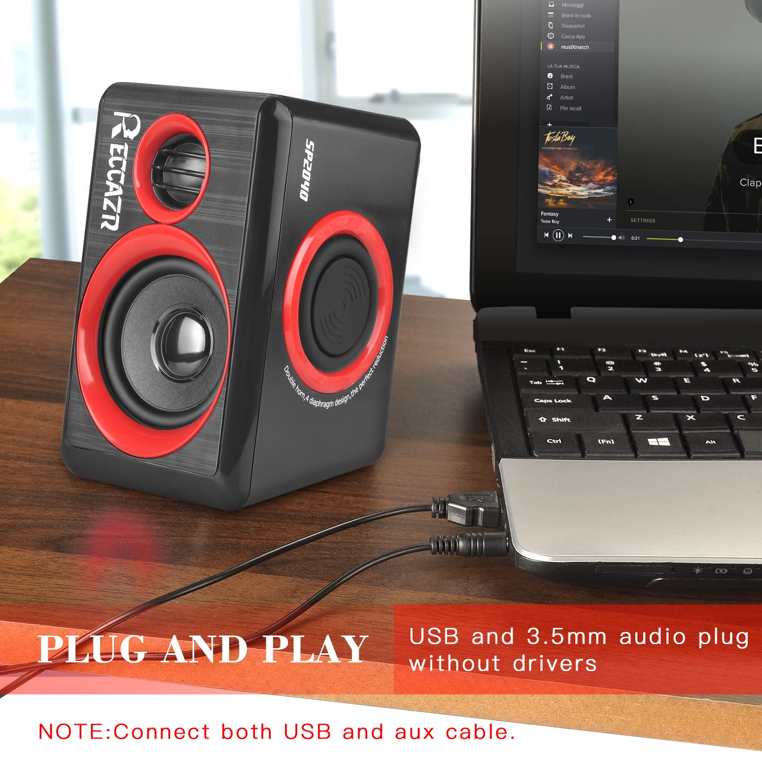 Computer Speakers, 2.0 CH PC Speakers with Surround Sound, USB Wired Laptop Speakers with Deep Bass for Desktop Computer/PC/Laptops/Smart Phone Build-in 4 Loudspeaker Diaphragm Reccazr SP2040|RED