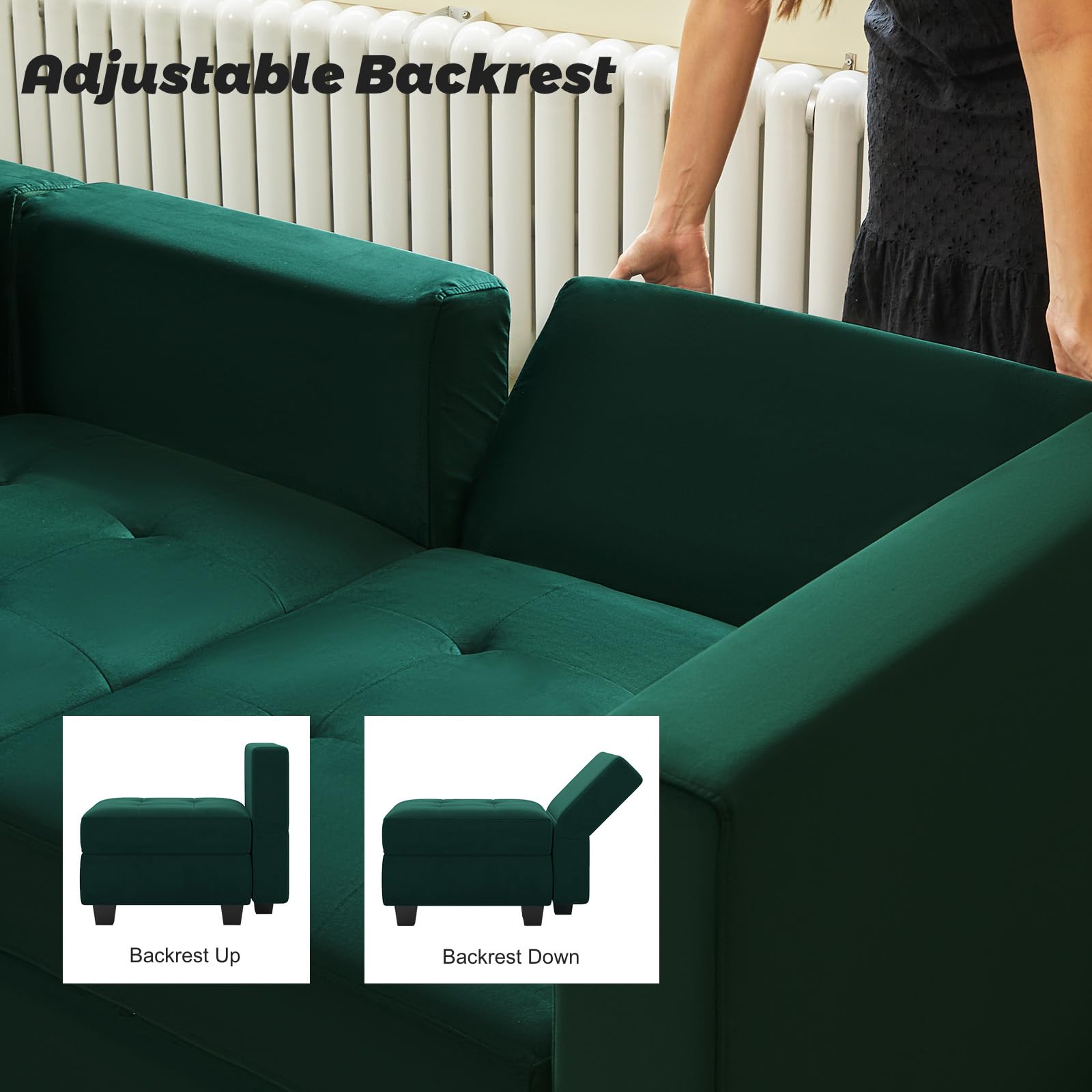 Belffin U Shaped Modular Sectional Sofa with Chaise Reversible, Oversized Sectional Sleeper Couch with Ottomans, Velvet Fabric Couch with Storage Seats, Green