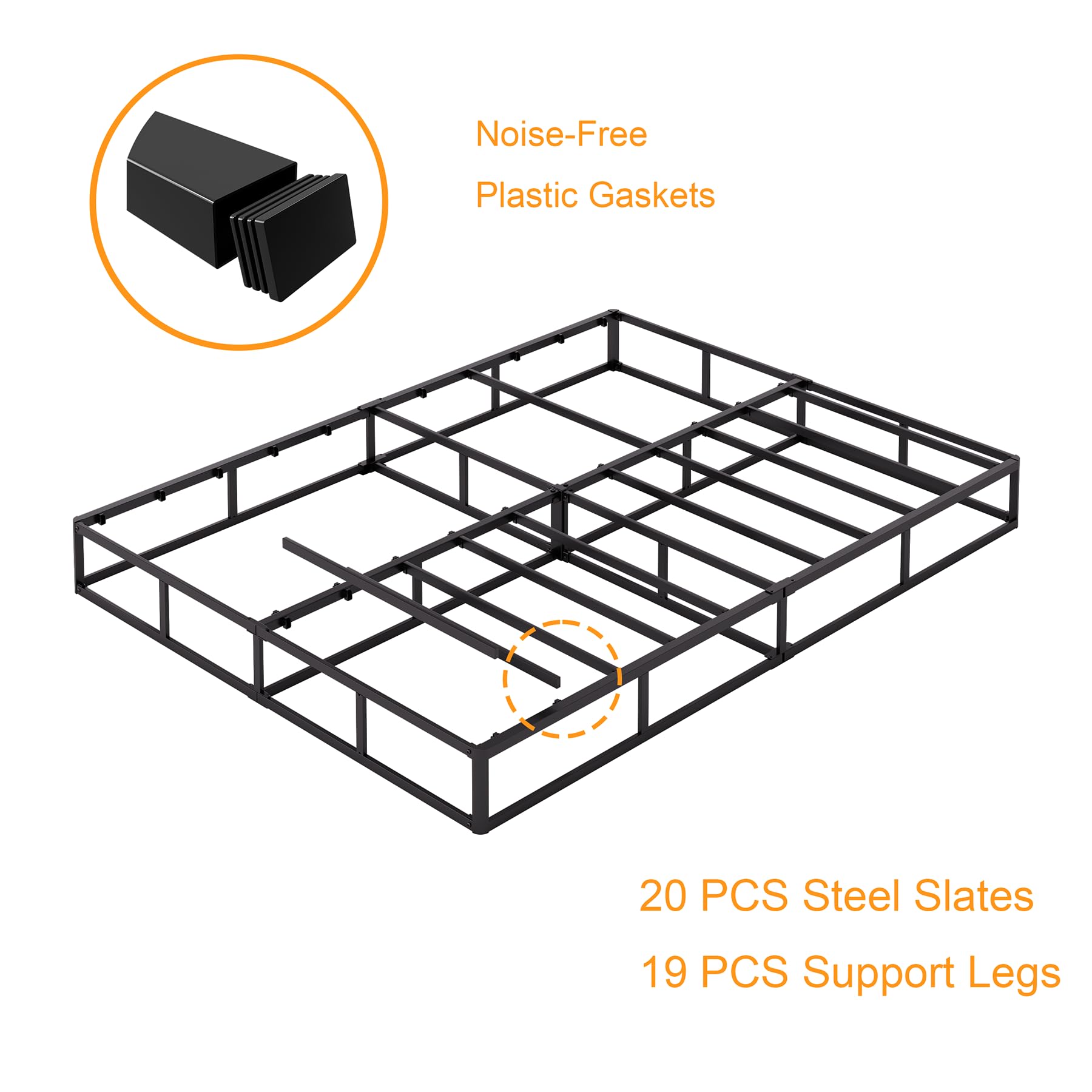 Bednowitz King Box Spring,5 Inch Low Profile Metal Boxspring with Non-Slip Fabric Bed Cover, Sturdy Heavy Duty Steel Structure Bed Base, Noise-Free Mattress Foundation, Easy Assembly,Black