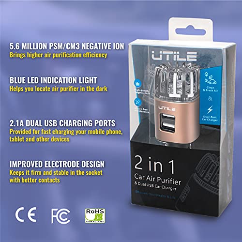 UTILE Car Ionizer Purifier with Dual USB Charger β Ionic Air Freshener for Odor Removal | 2.1A/0.8W USB Charging for Phone, Tablet and Other Devices (Copper, Pack of 1)