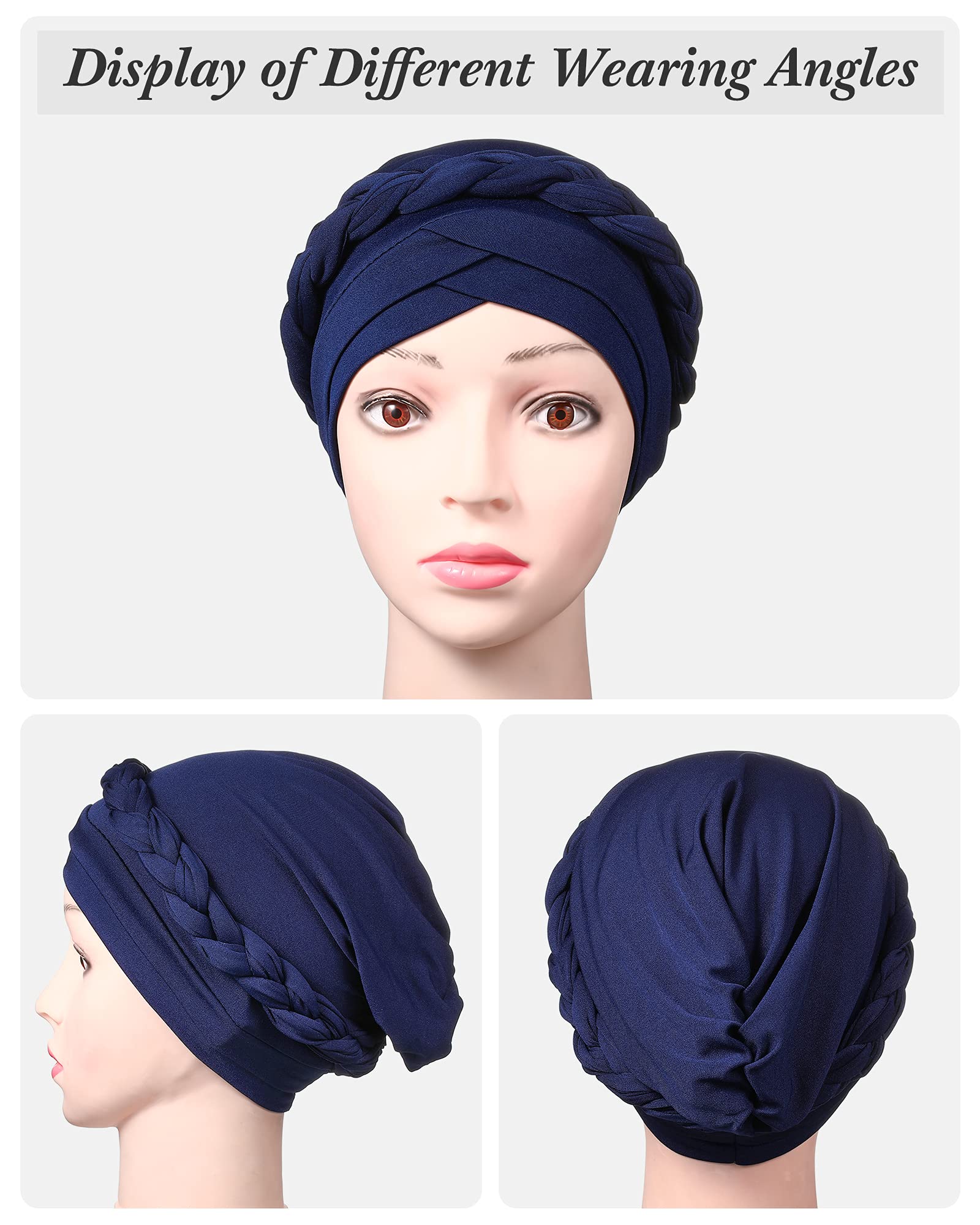 4 Pieces African Women Turban Cap Head Wraps Beaded Headscarf Beanie Wrap (Black, White, Navy, Ginger,Fresh Style)