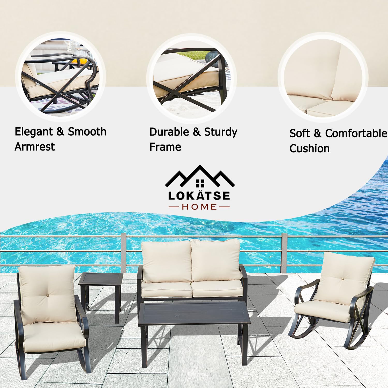 LOKATSE HOME 5 Pieces Outdoor Loveseat Set Rocking Chairs Patio Conversation Furniture Metal Bench with Cushion & Coffee Table, Khaki