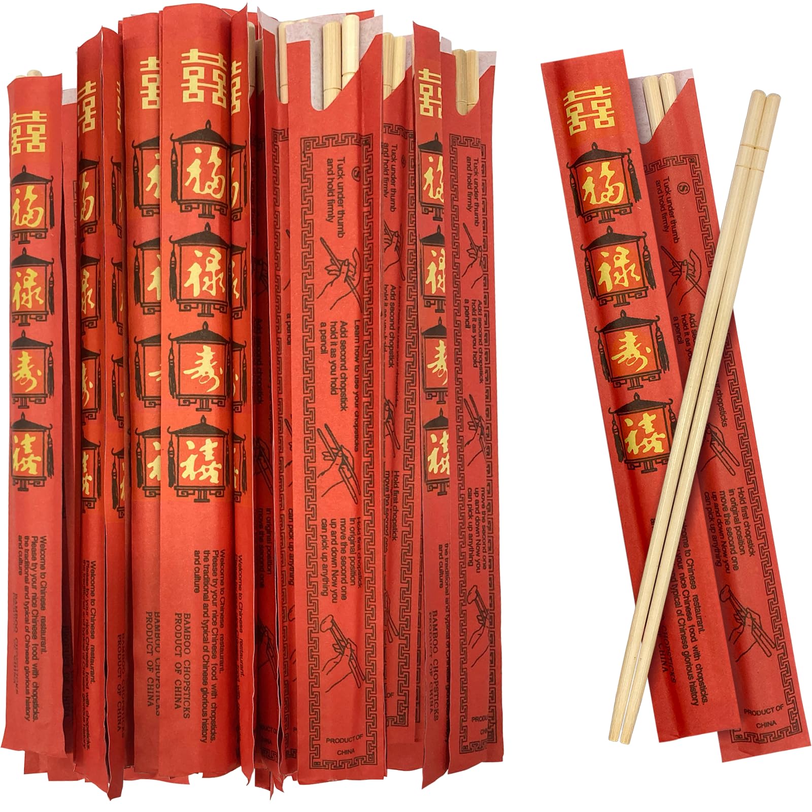 52USA Disposable Bamboo Chopsticks (100 Sets), Wooden Japanese Chopsticks Bulk, 9'' Long Chopsticks Disposable, Individually Wrapped Chinese Chopsticks