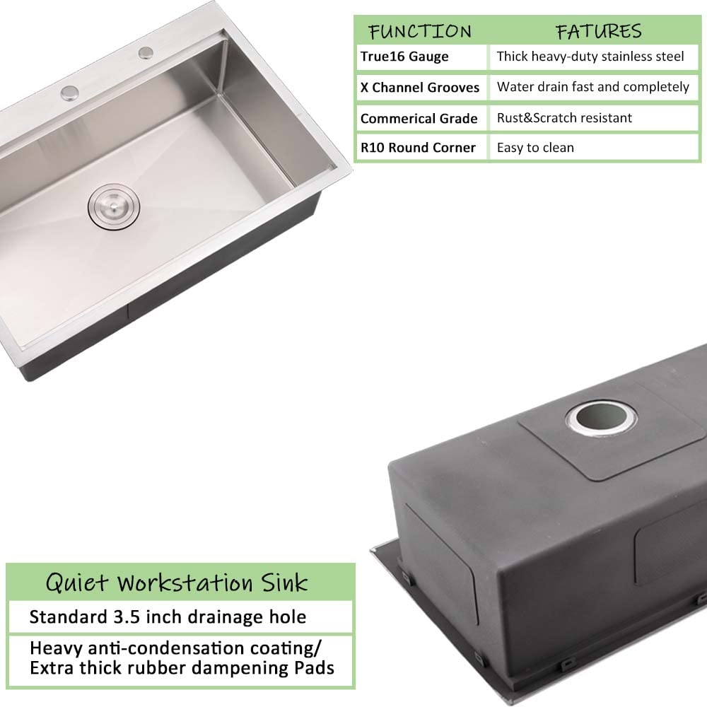 31 Inch Drop In Kitchen Sink Workstation- Wesliv 31x20 Inch Drop Sink Topmount Ledge Workstation Stainless Steel 16 Gauge Single Bowl Overmount Kitchen Sink with Cutting Board