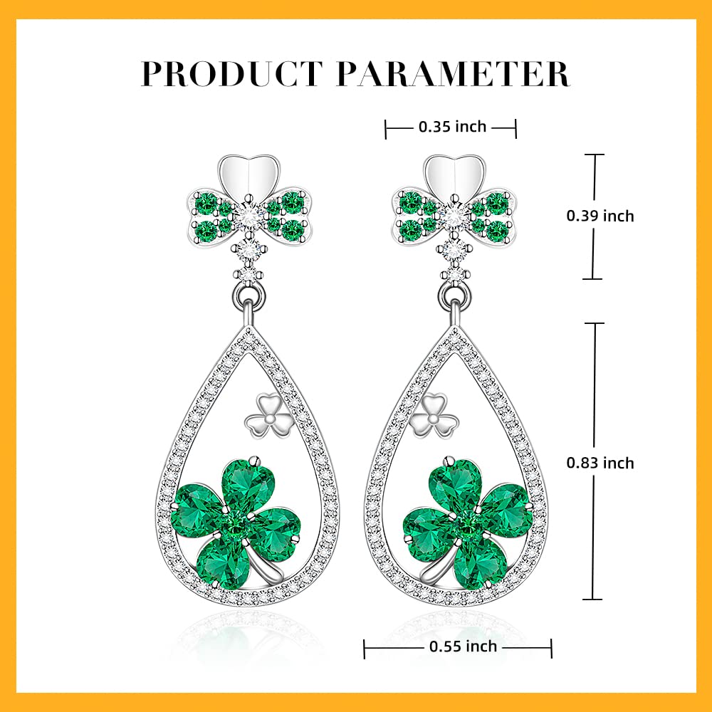 St Patricks Day Shamrock Earrings for Women Sterling Silver Studs Hypoallergenic Four Leaf Clover Green CZ Drop Dangle Earrings Jewelry Gifts