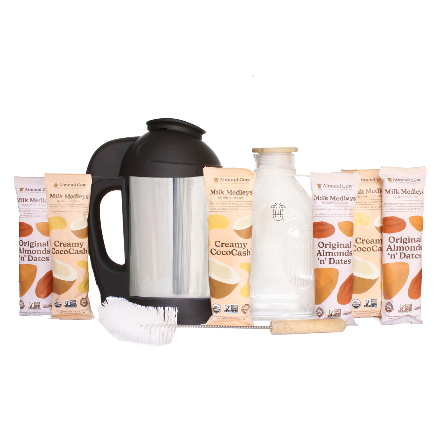 Almond Cow Milk Maker Machine, Milk in a Minute Bundle, Includes 3 Creamy CocoCash & 3 Original Almonds 'n' Dates, Glass Milk Jug, & Jug Brush