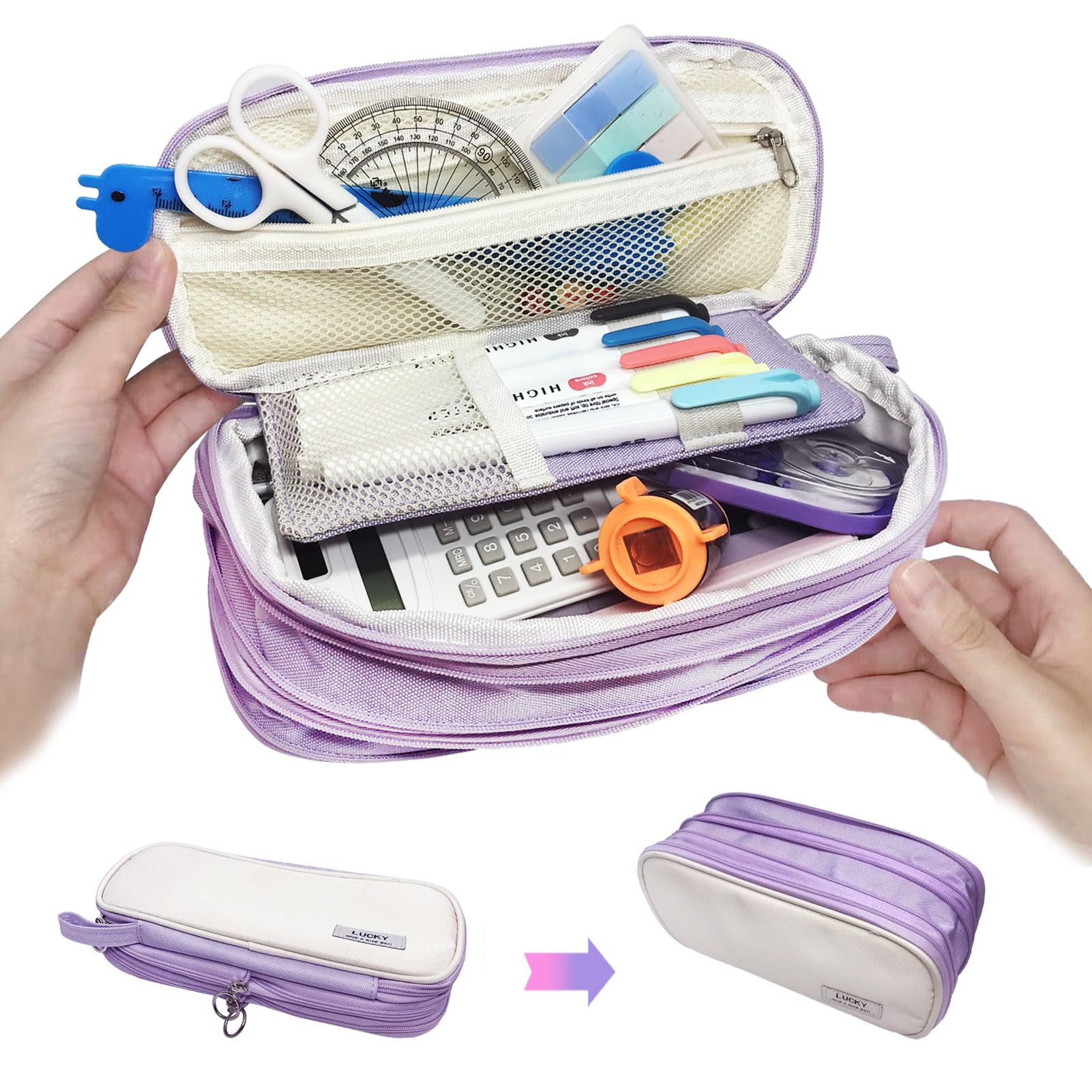 Namii W Pencil Case Large Capacity Pouch Bag with Zippers, Expandable Pen Bag Storage Holds 50-100 Pencils, Colors Pencil Box Organizer Case Office School Supplies for Girls Boys Adults(Purple)