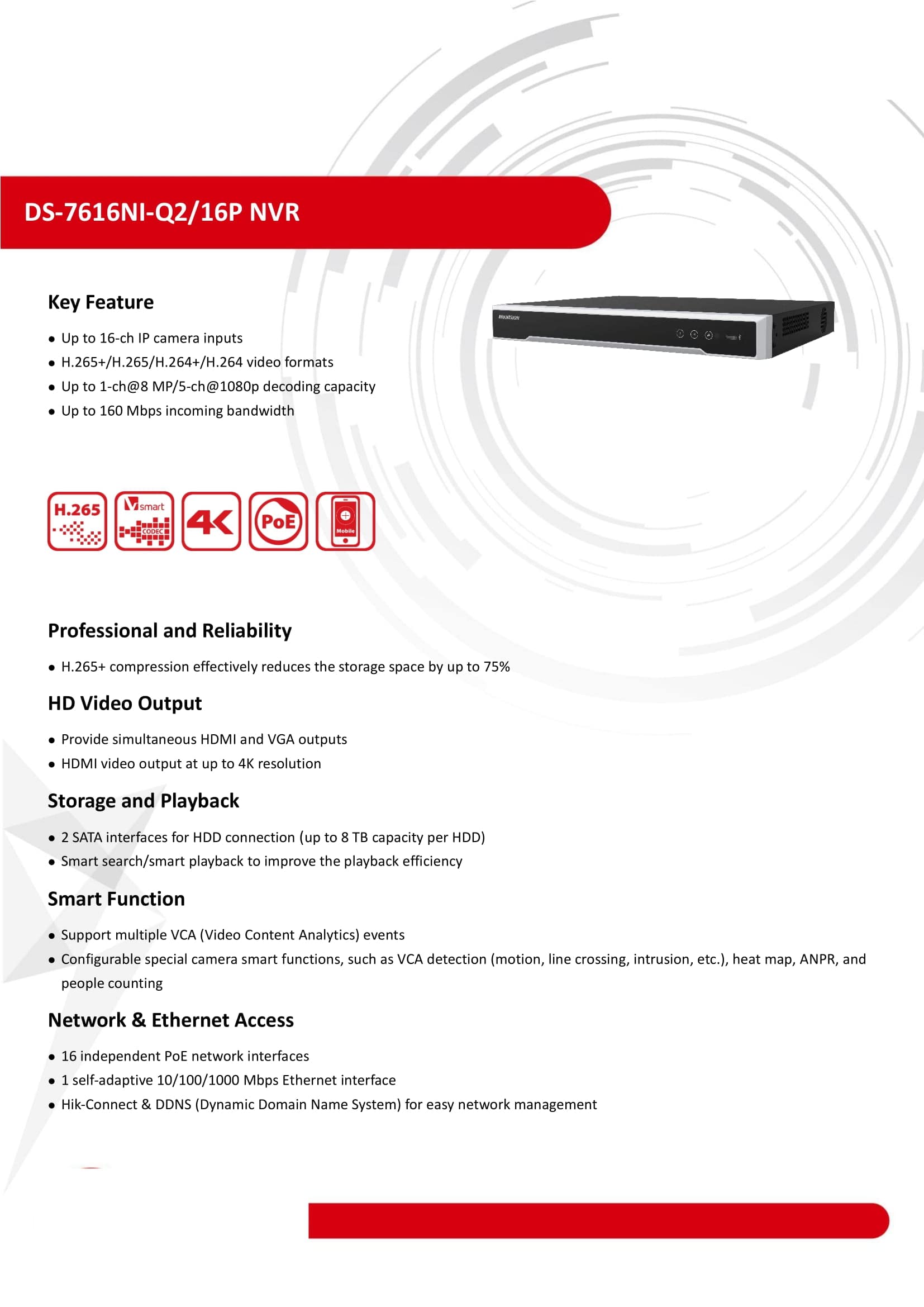 DS-7616NI-Q2/16P H.265 16 Channel PoE 4K 8MP Network Video Recorder NVR, Plug & Play, International Original English Version, Compatible with Hik Vision Hik-Connect, Hard Drive Not Included