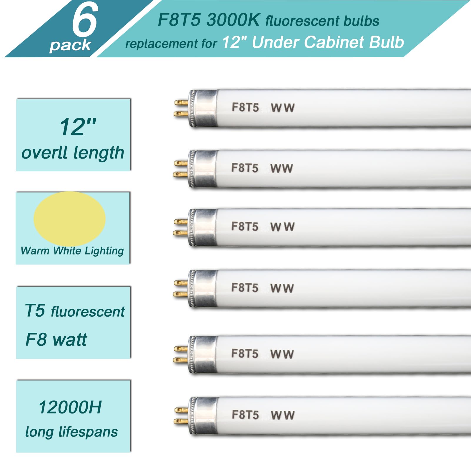 Accway (6 Pack) F8T5/WW 12ββ Linear Fluorescent Light Bulb, 8W Warm White T5 Tube, 3000K Soft White Lamp, G5 Mini Bi Pins Base Replacement for Under Cabinet Light, RV, Closet