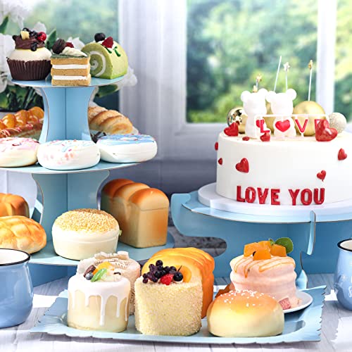 7 Pieces Cake Stand Set 3-Tier Cardboard Cupcake Stand 1-Tier Cake Stand Round Dessert Stand Rectangle Serving Tray Reusable Platters Cupcake Holders for Desserts Birthday Party (Sky Blue)