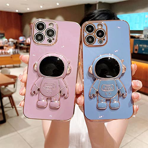 AIGOMARA 6D Plating Astronaut Hidden Stand Case Cover for iPhone 14 Pro Max Women Astronaut Folding Bracket Kickstand iPhone Case with Camera Protector Soft TPU Shockproof Bumper 6.7" 2022 Purple