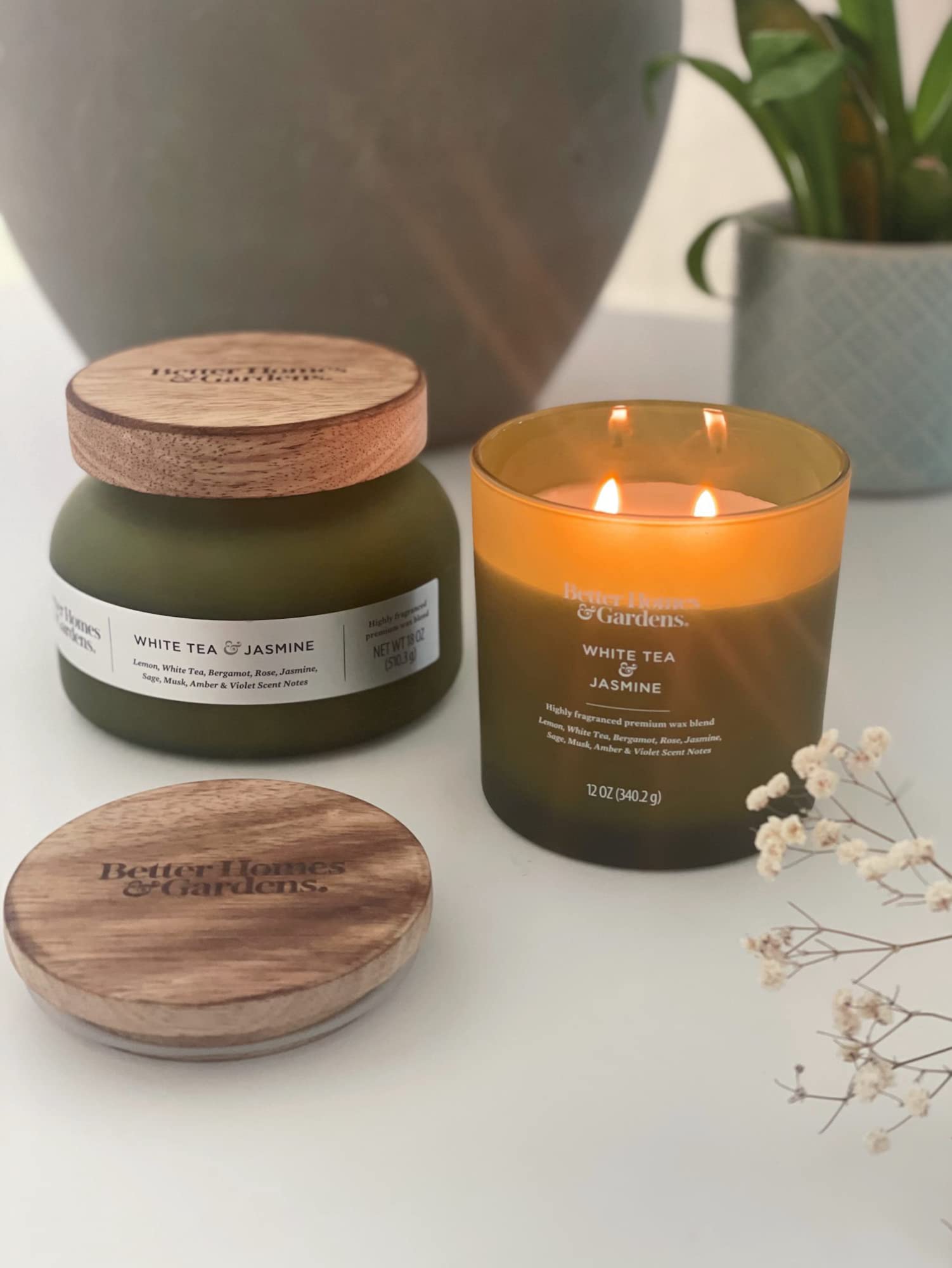 BetterHomes&Gardens Better Homes and Gardens 12oz Scented Candle, White Tea and Jasmine 2-Pack, Olive Green, 12oz (329g) x 2 [excluding glass jar weight] (44220)