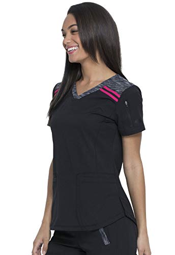 Dickies Dynamix Womens Tops, Athletic-Inspired Mélange V-Neck Scrub Top with Four-Way Stretch and Moisture Wicking DK740, XL, Black/Hot Pink
