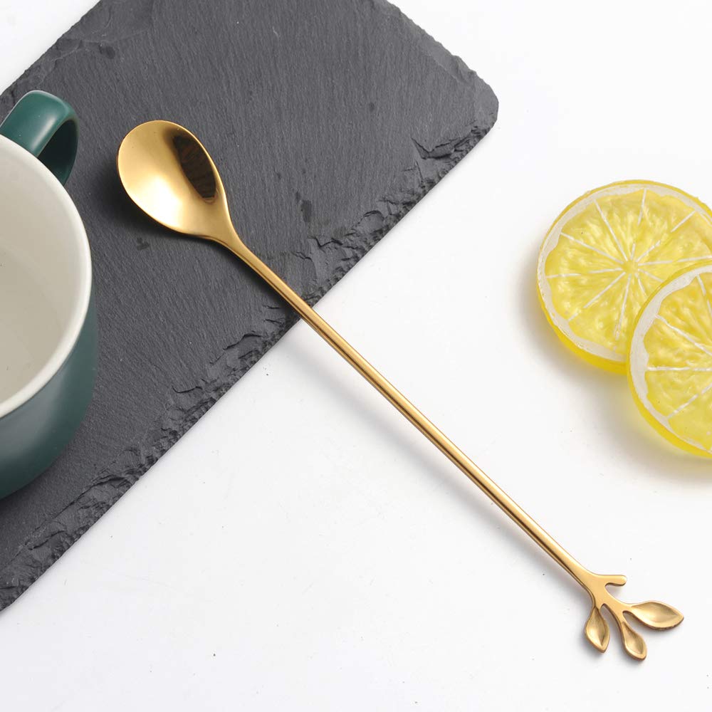 AnSaw Gold Leaf Handle Long Teaspoons - 7.4" Stainless Steel Coffee & Tea Stirring Spoons, Coffee Stir Spoon Set of 20