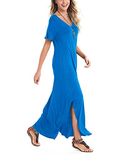Arolina Women's Summer Maxi Dress Short Sleeve V Neck Casual Loose Long Beach Split Dresses with Pockets Acid Blue