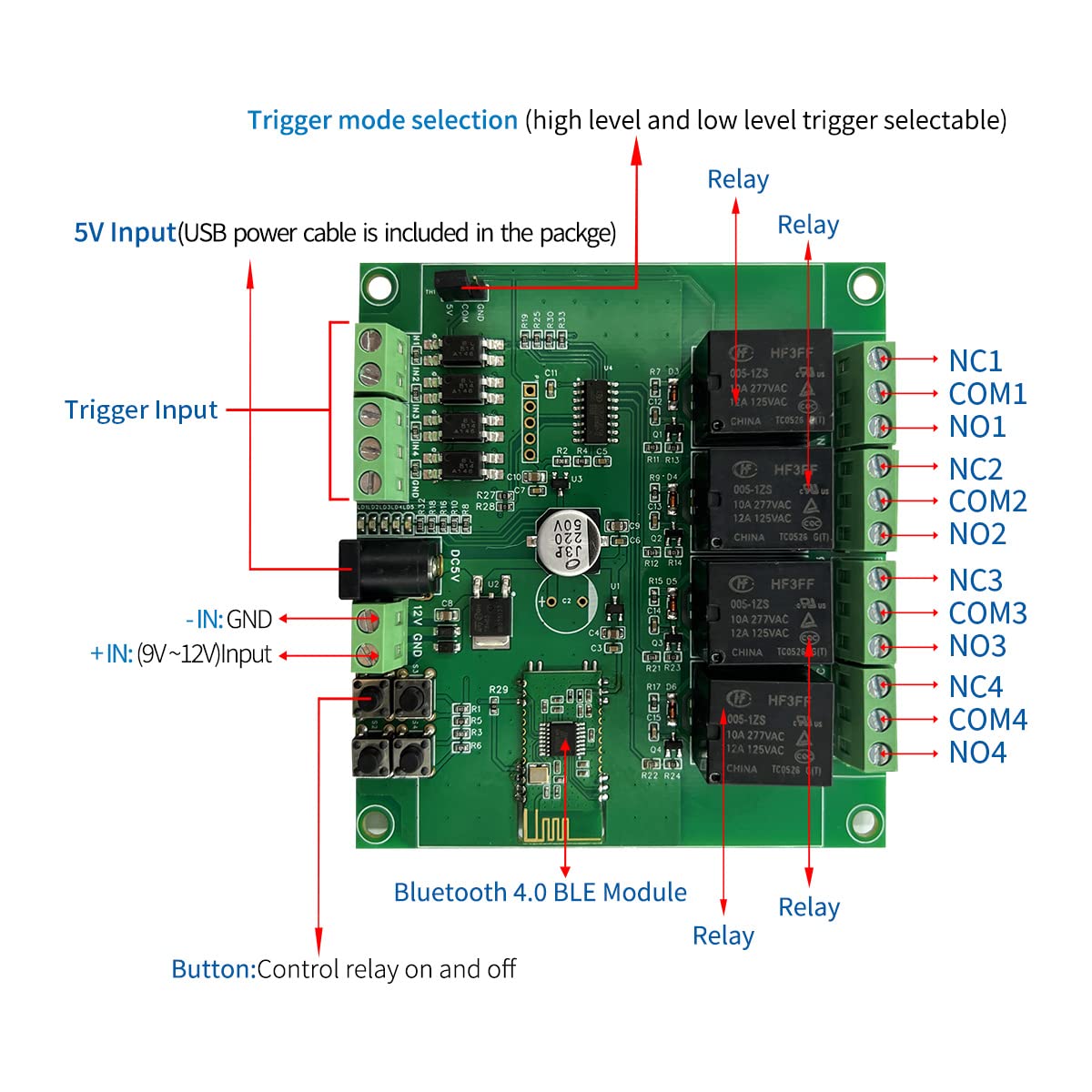 DSD TECH 4 Channels Bluetooth Relay Module for Remote Control Switch Compatible with iPhone and Android 4.3 (12V)