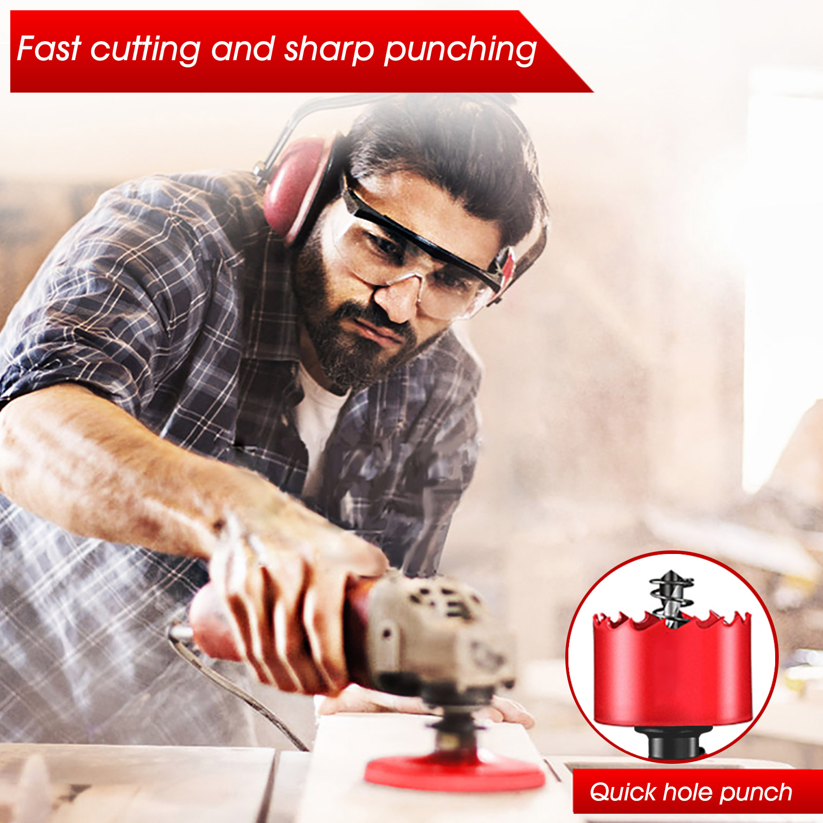 6 1/8 Inch HSS BI-Metal Hole Saw, 1 3/16 inch Cutting Depth Hole Cutter with Hex Shank Drill Bit Adapter for Wood Cornhole Boards Plastic Drywall Fiberboard Can Light Recessed Light, Red