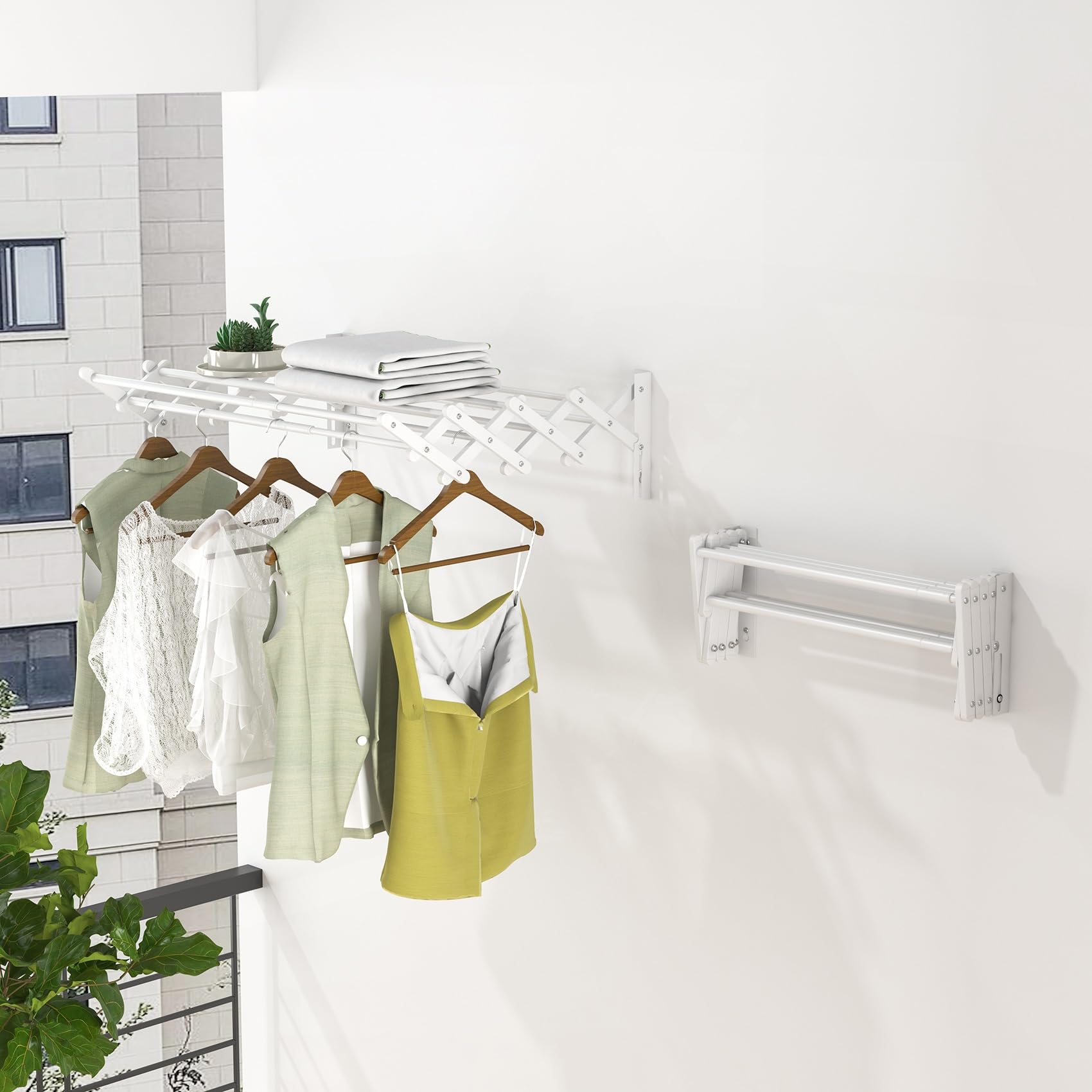 FKUO Metal Folding Clothes Drying Rack, Wall Mounted Clothes Hanger Rack, Retractable Collapsible Laundry Drying Rack, Towel Rack Space Saver (White)