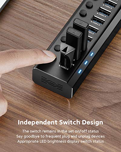 Powered USB Hub 3.0 ikuai Aluminum 10 Port USB 3.0 Data Hub Splitter with 12V/3A 36W Power Adapter and Individual On/Off Switches for Desktop PC Laptop and More