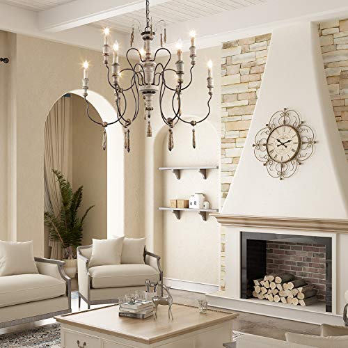 LALUZ Farmhouse Wood Chandeliers for Dining Rooms, 9-Light Distressed French Country Lighting, D39 H38