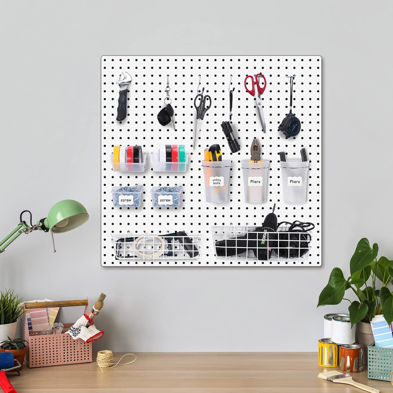 95 Pieces Pegboard Accessories Set Including Pegboard Storage Basket with Hooks Pegboard Cups with Holder Wire Shelf Tissue Storage Box Clothes Board for Garage Storage Craft Workshop (Black)