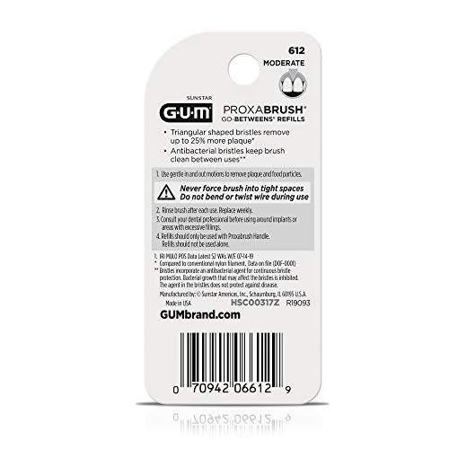 GUM Proxabrush Go-Betweens Refills - Moderate - Compatible with GUM Permanent Handle - Reusable Interdental Brushes - Soft Bristled Dental Picks, 8ct(6pk)