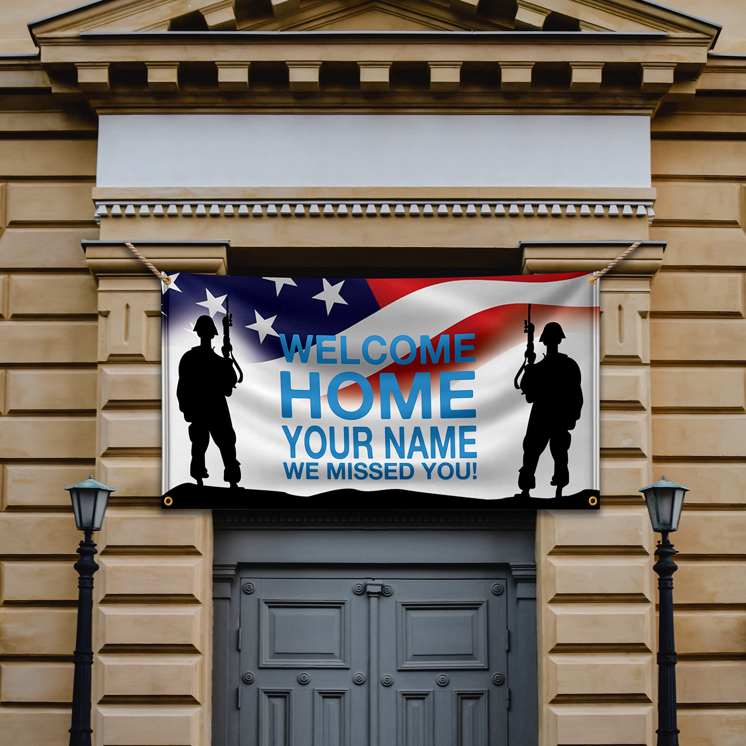 BannerBuzz Vinyl Banner, Welcome Home We Missed You Soldier, PVC Flex, 11 oz, Hemmed Edges with Grommets, Single Sided Print, Full Color 600DPI Eco Solvent Printing (10' W X 4' H)