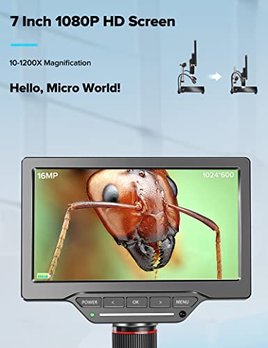7-inch HDMI LCD Digital Microscope with Extension Tube and Guidebooks, (1200X 16MP 1080P), Microscope with Screen for Soldering & Coin Collection Included 32GB Card, Compatible with TV/Windows/Mac
