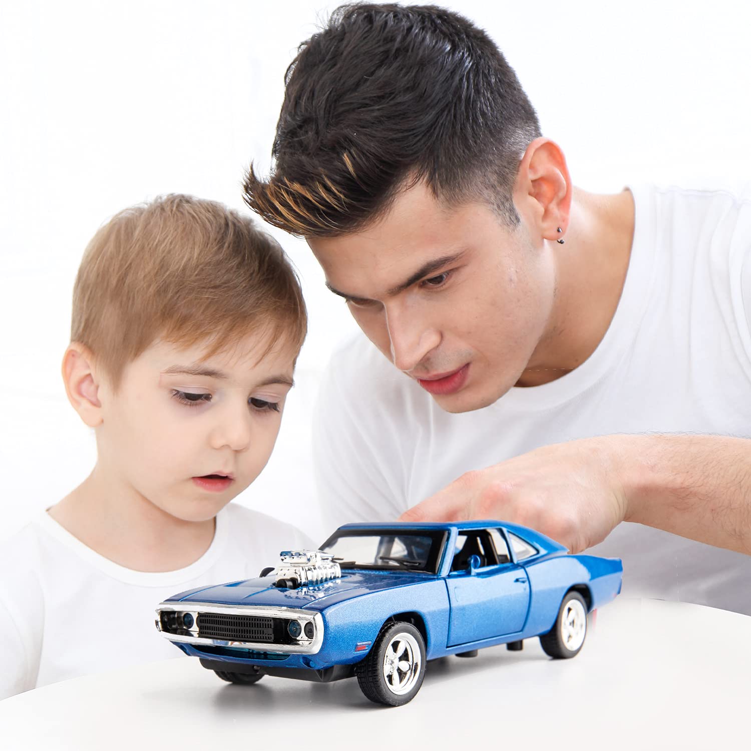 BDTCTK Compatible for 1:32 Dodge Charger Model Car, Zinc Alloy Pull Back Toy Car with Sound and Light for Kids Boy Girl Blue