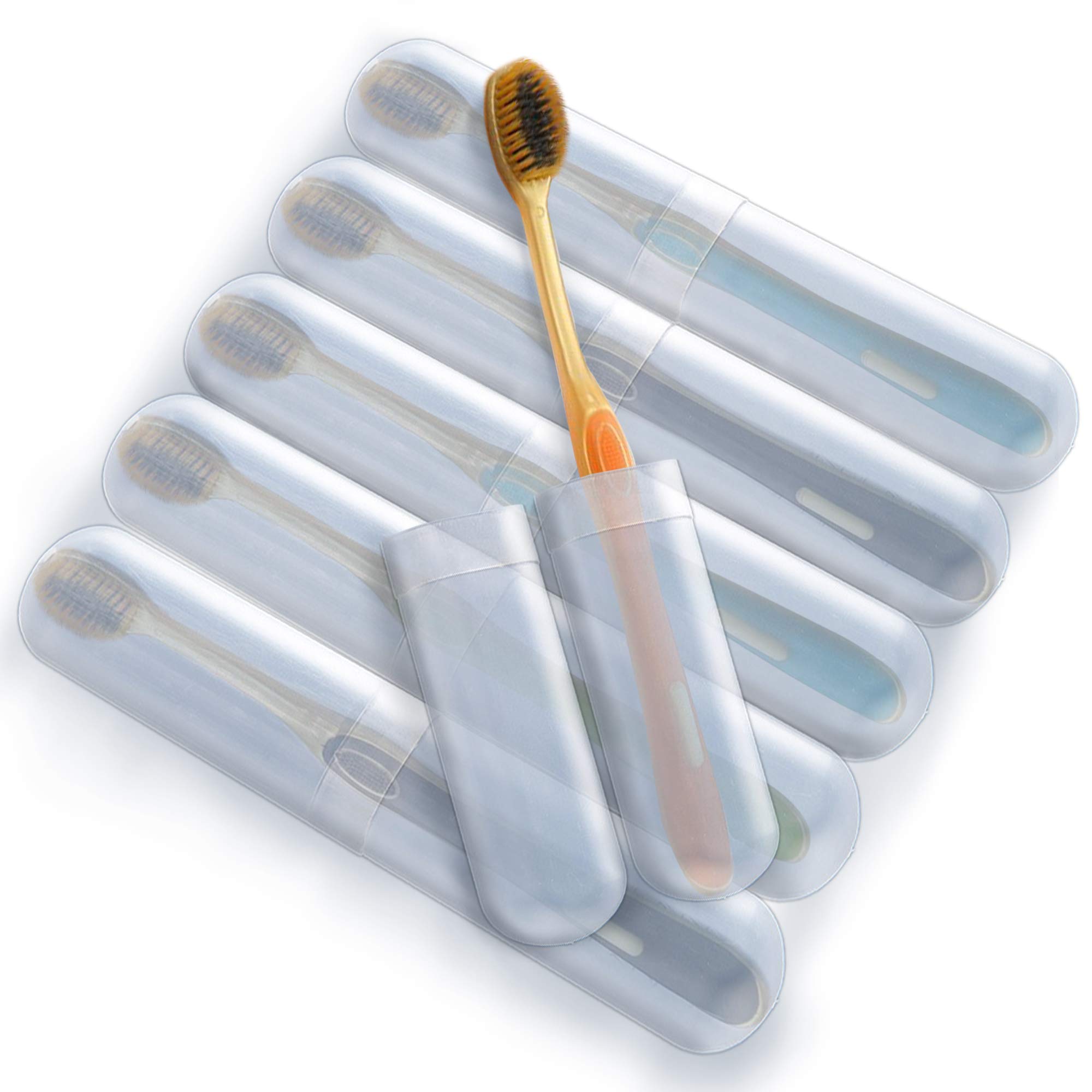 Synra Charcoal Toothbrush with Travel Case, 7” x 1”, Rubber Tongue Scraper, Soft Angled Bristles, 6 Pieces per Pack