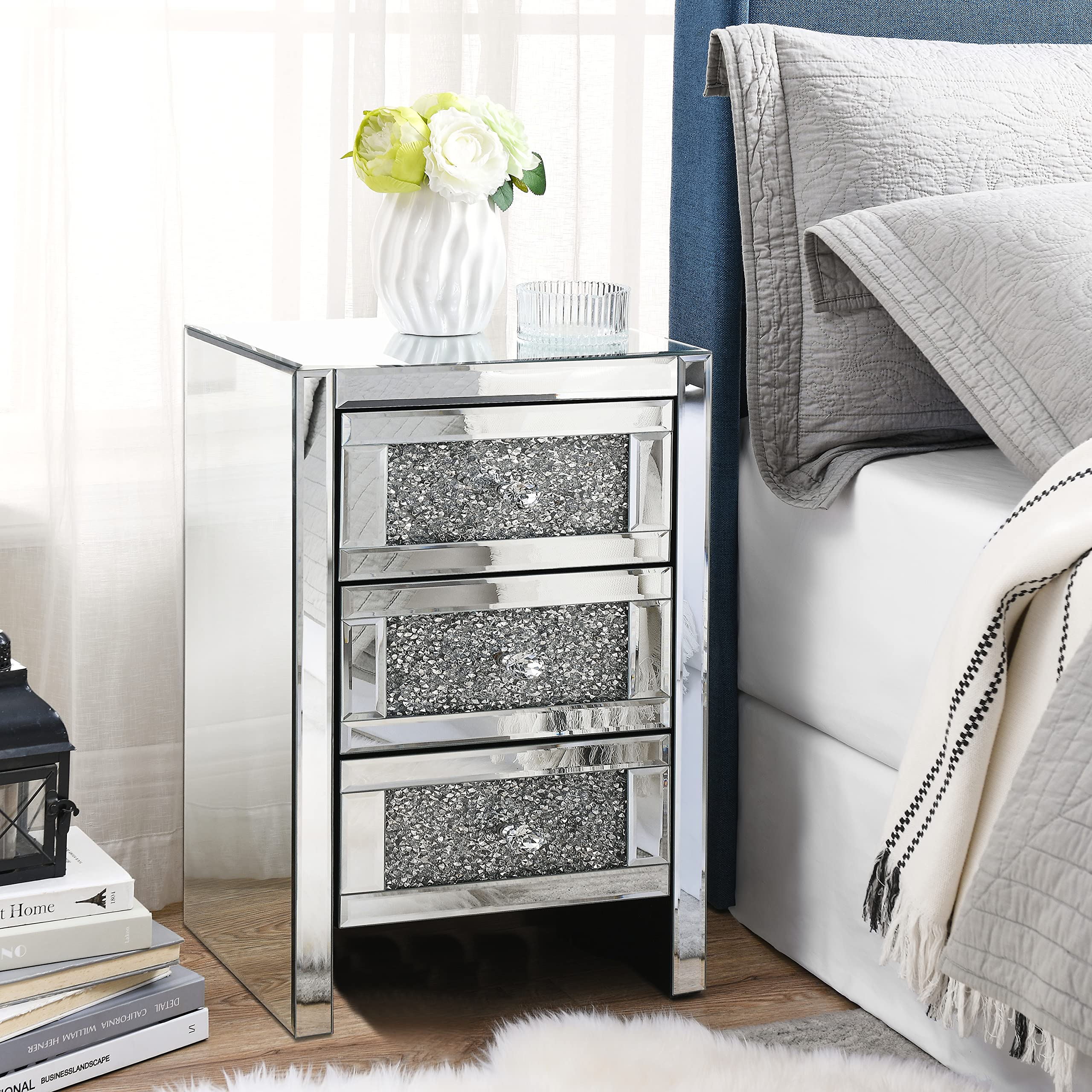 Alohappy Mirrored Nightstands Set of 2 with 3-Drawers, Modern Mirror Glass End Table Silver Bedside Table for Living Room/Bedroom (2PCS)