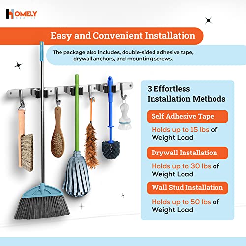 Homely Center Mop and Broom Holder Wall Mount β Heavy-Duty Broom Closet Organizer for Garage, Kitchen, Laundry Organization β Broom and Mop Holder β Tool Hanger with 3 broom racks and 4 broom hooks