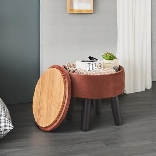 Cpintltr Storage Ottoman Footstool Round Footrest with Removable Lid Soft Padded Foot Stool with Solid Wood Legs Side Table with Storage Step stool Extra Seating for Hallway Living Room Bedroom Coffee