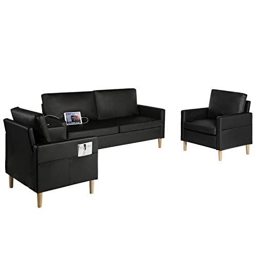 AILEEKISS Mid-Century Sectional Sofa Sets 3 Pieces Faux Leather Loveseat Couches with 2 USB Living Room Furniture Accent Arm Chairs for Small Space, Apartment, Office (1-Seater+1-Seater+3-Seater)