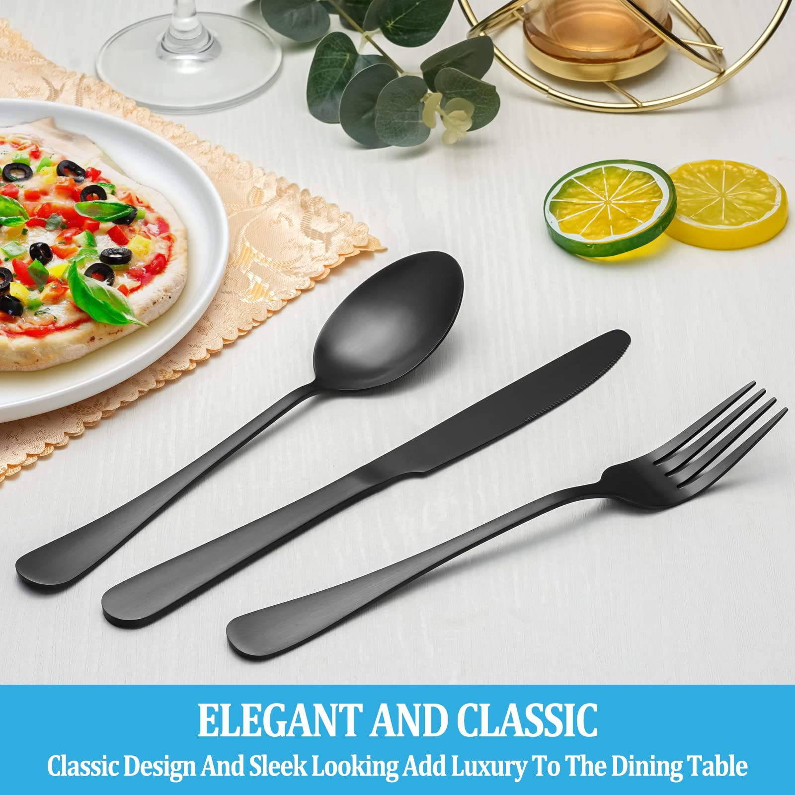 40 Piece Matte Black Silverware Set,Stainless Steel Flatware Cutlery Set Service for 8,Kitchen Tableware Set,Utensil Set for Home and Restaurant,Knives Forks Spoons Set,Satin Finish,Dishwasher Safe