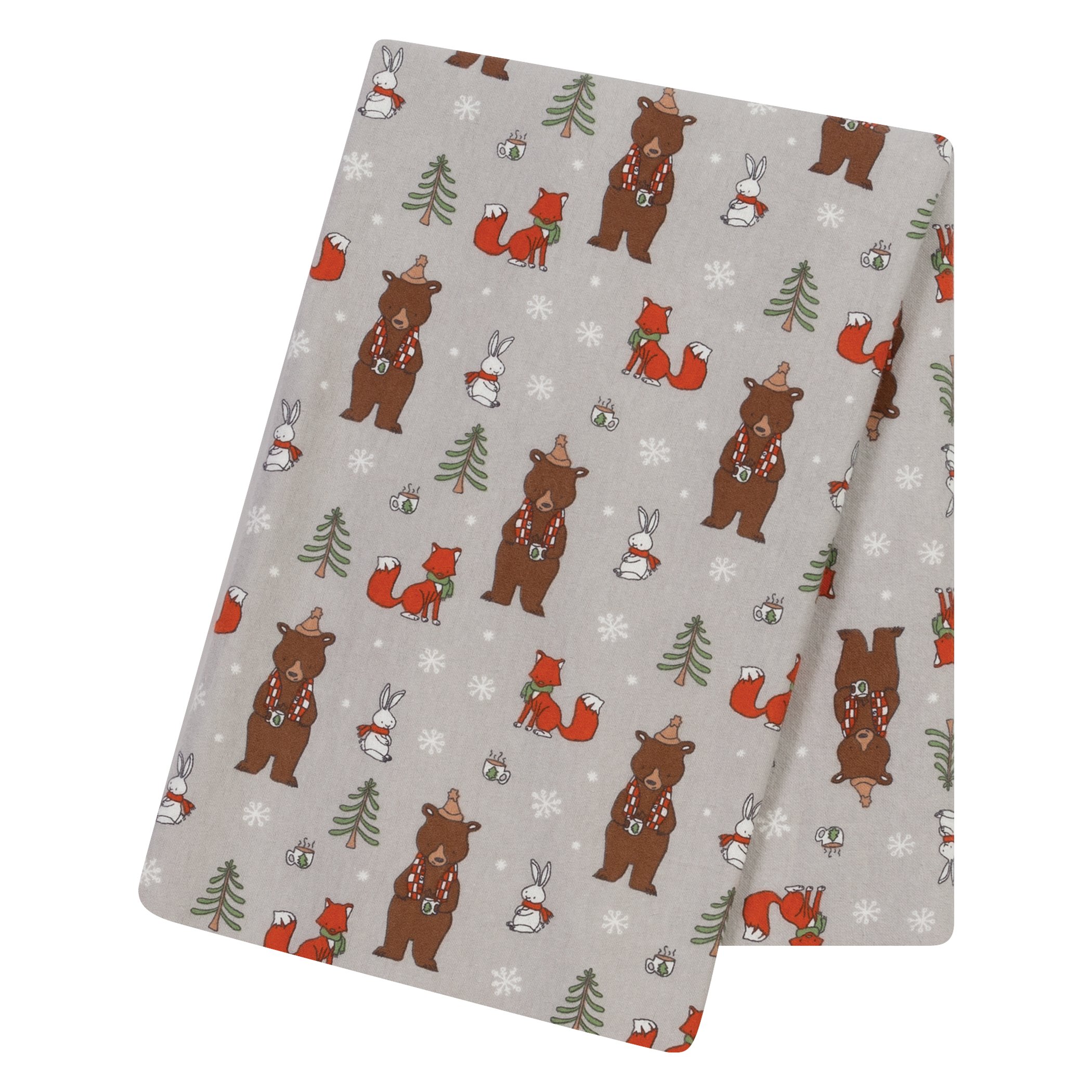 Trend Lab Cup of Cocoa Jumbo Deluxe Flannel Swaddle Blanket - Bear, Fox, Bunny with a Winter Scene Print, Brown, Orange, Gray and White, 48 in x 48 in