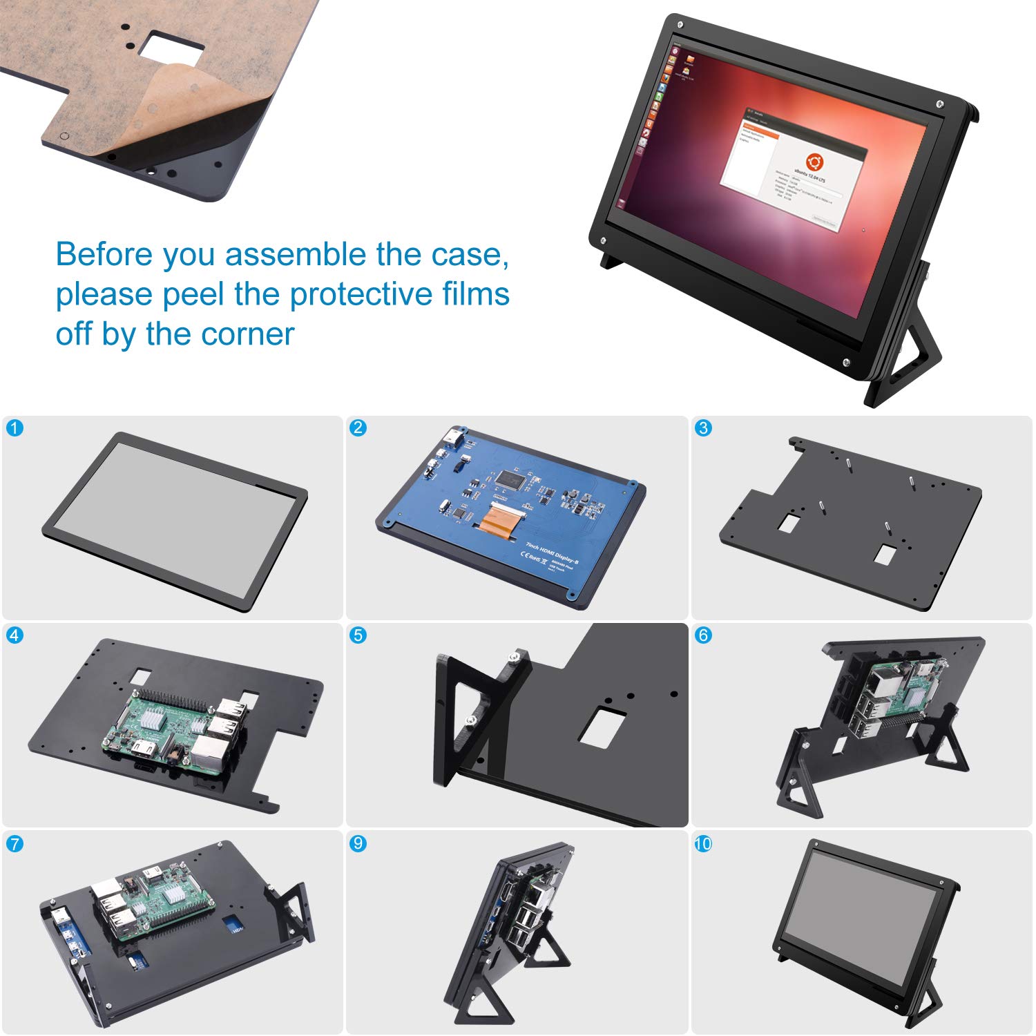 Longruner 7 inch Raspberry Pi Touch Screen Case Holder for Raspberry Pi 3 2 Model B and RPi 1 B+ A BB Black PC Various Systems LSC7B-1