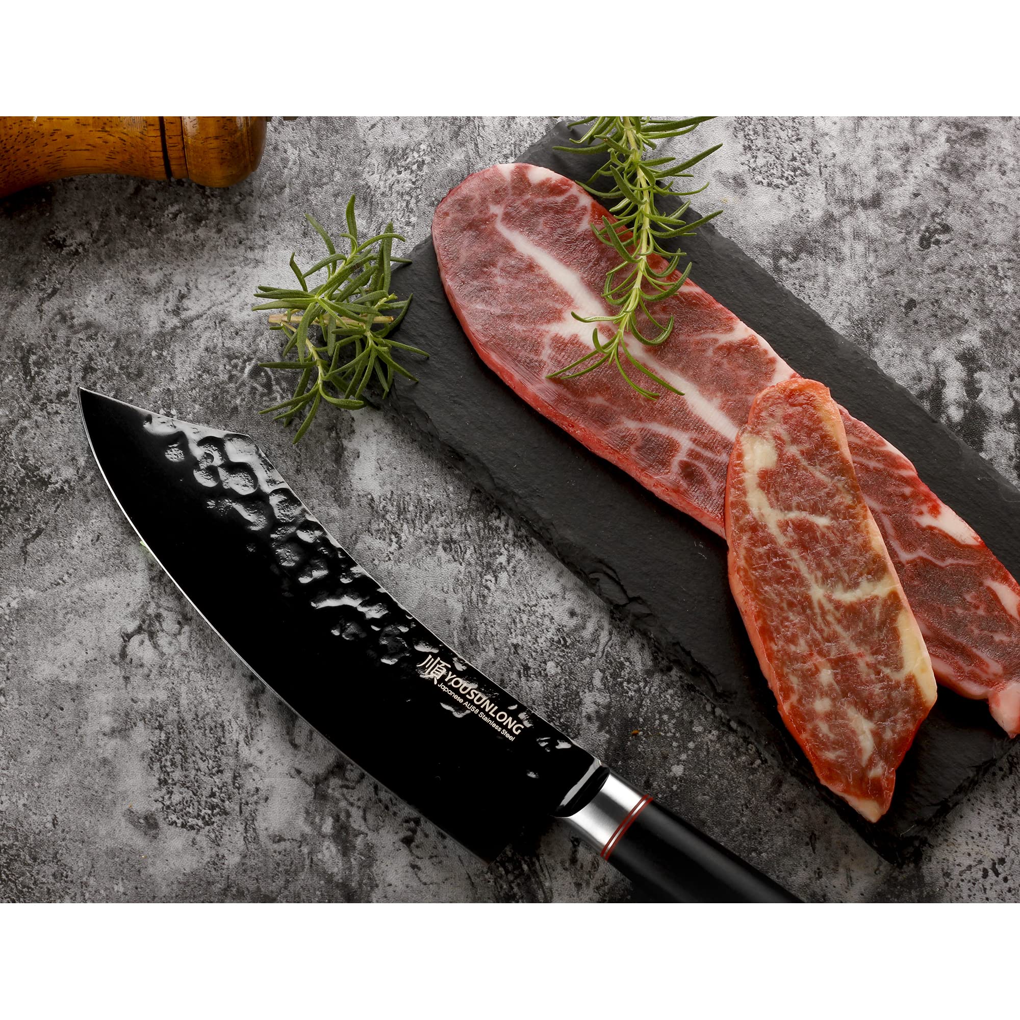 YOUSUNLONG Butcher Knife - 8 Inch Meat cleaver - Japanese AUS8 Black Titanium Nitride Coated Steel - Super Sharp - Natural Ebony Handle
