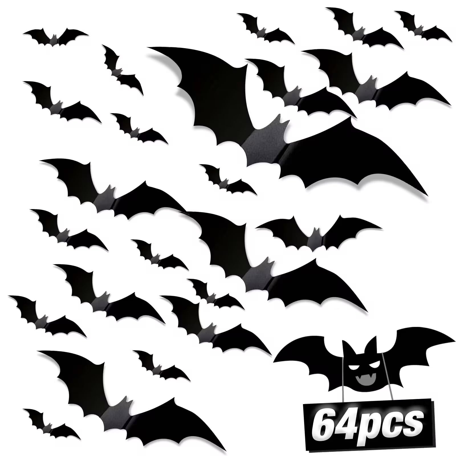 64PCS Halloween Decorations Bats Wall Decor 5 Sizes Reusable PVC 3D Black Bat Stickers Horror Decor for Indoor Outdoor DIY Home Decor Hallowmas Party Decorations
