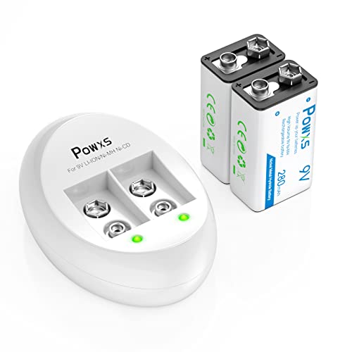 POWXS Rechargeable 9v Batteries with Charger, 2 Count High Performance NIMH 9 Volt Rechargeable Battery for Smoke Alarms Guitar Cameras Toys and More
