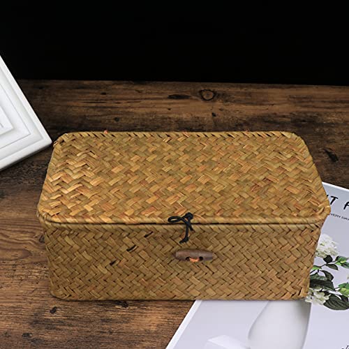 Alipis Desktop Stand Storage Drawers Straw Basket with Lid Seagrass Storage Basket Bins, Desktop Makeup Organizer Sundries Storage Box Rattan Lidded Box Shelf Bracket Small Basket