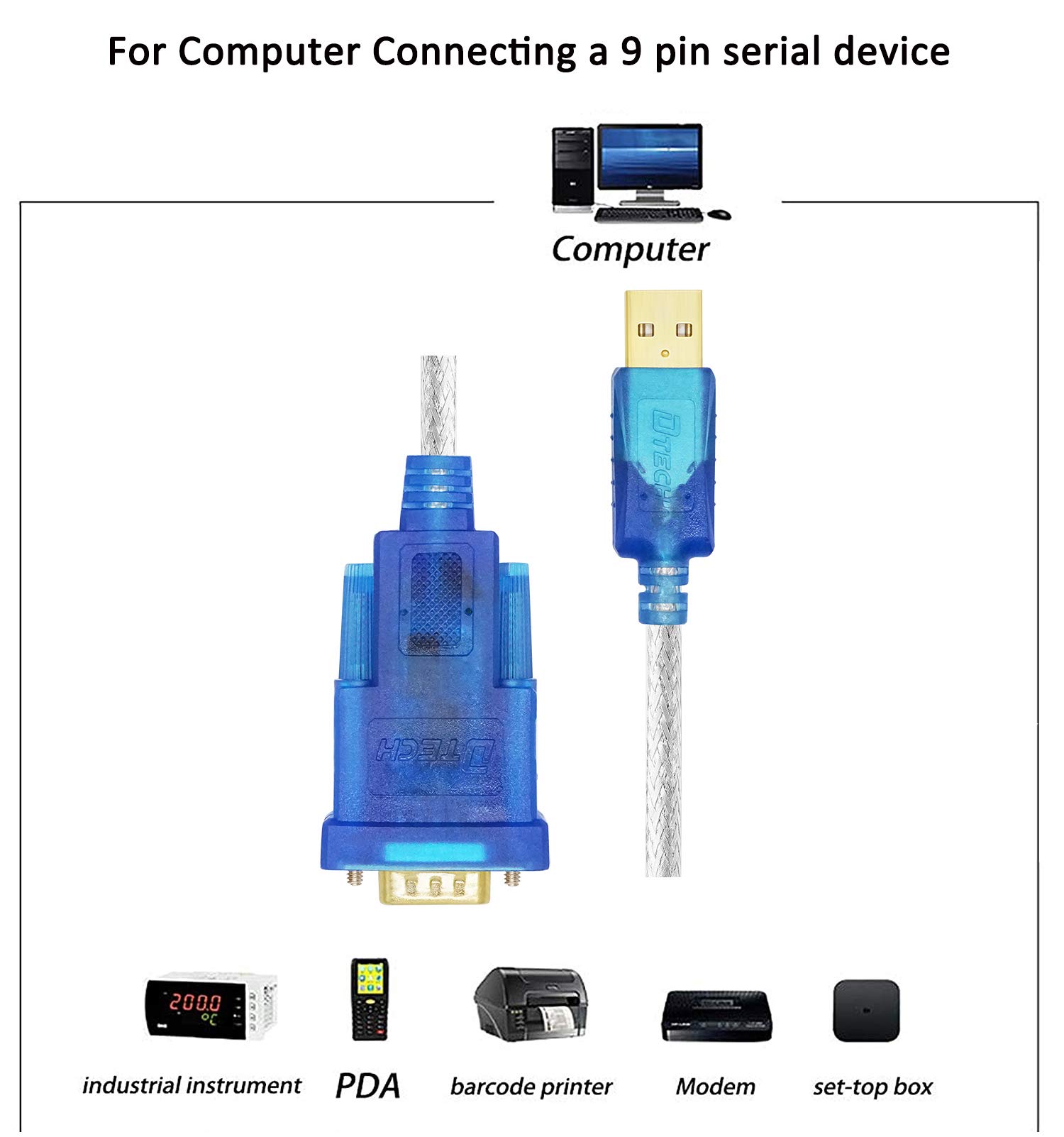 DTECH 10 Feet USB 2.0 to RS232 DB9 Serial Port Adapter Cable with FTDI Chipset Supports Windows 11 10 8 7 and Mac Linux