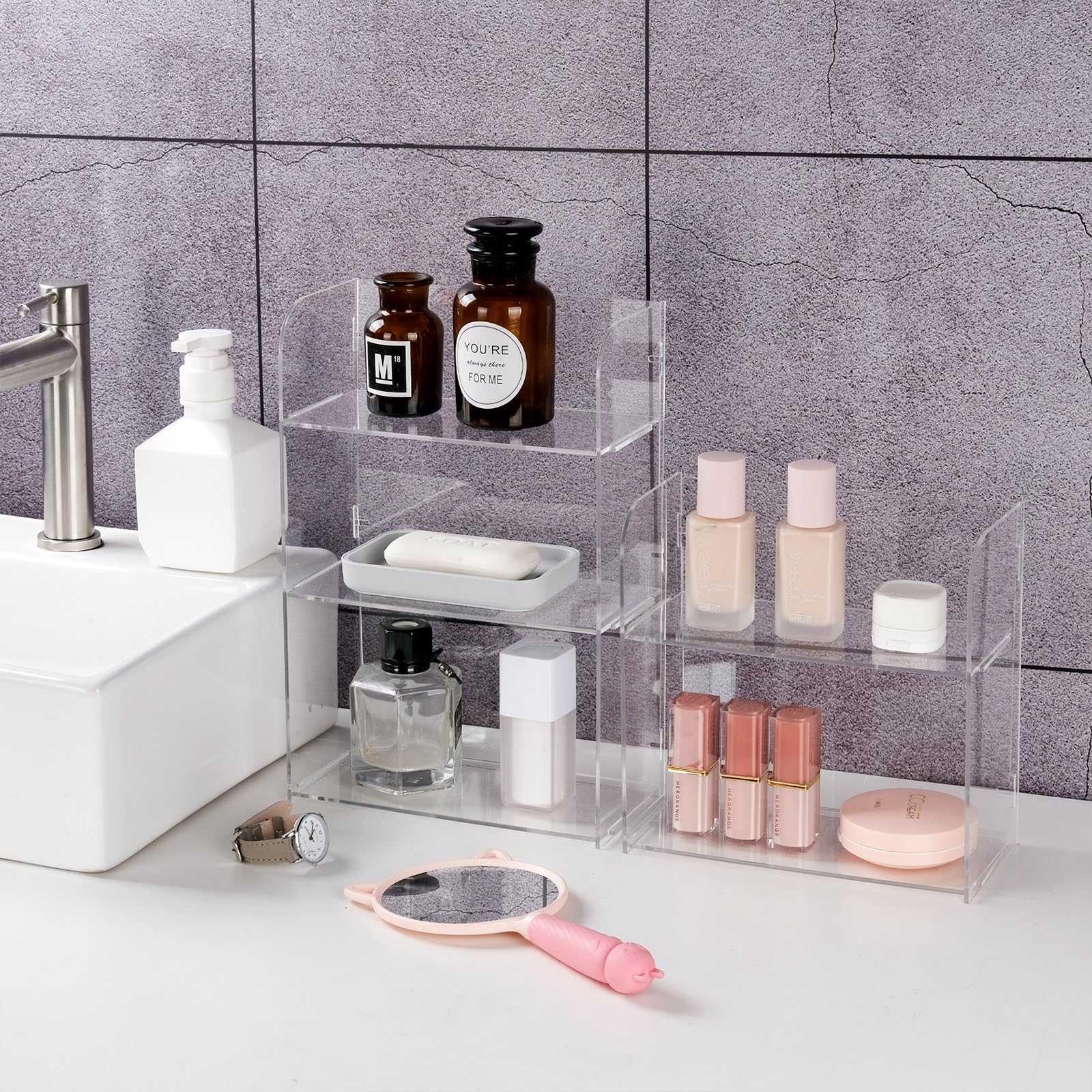 RAMFIYN Clear Acrylic Perfume Stand Organizer, 3 Tier Clear Bathroom Organizer, Corner Vanity Shelf, Skin Care Organizer, Small Acrylic Organizer Makeup Organizer Shelf